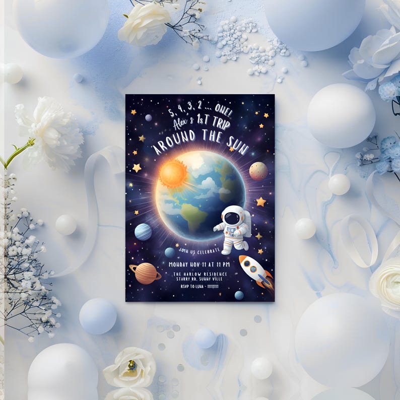 First Trip Around the Sun Birthday Invite Boy, Space 1st Birthday Invitation, Outerspace ...