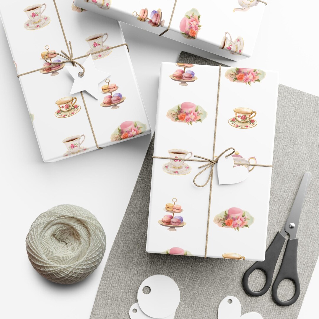 Tea Cup Wrapping Paper Tea Party Gift Wrap Vintage Tea Cups & Macarons ...