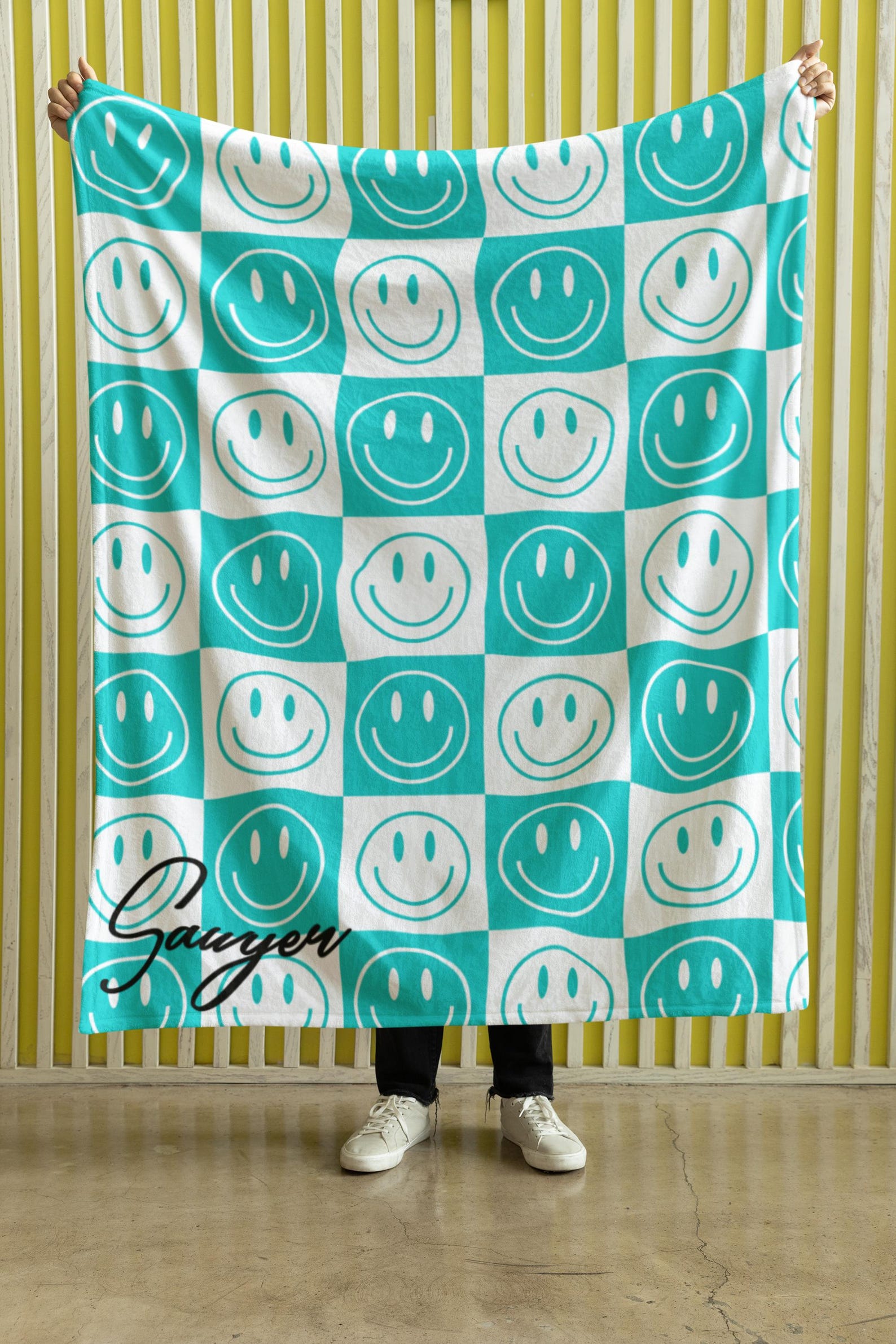 Personalized Smiley Face Checkered Blanket Custom Retro Plush Throw ...