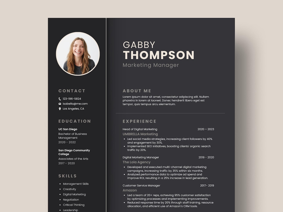 Dark Theme Canva Resume Template With Photo, Professional and Modern CV ...