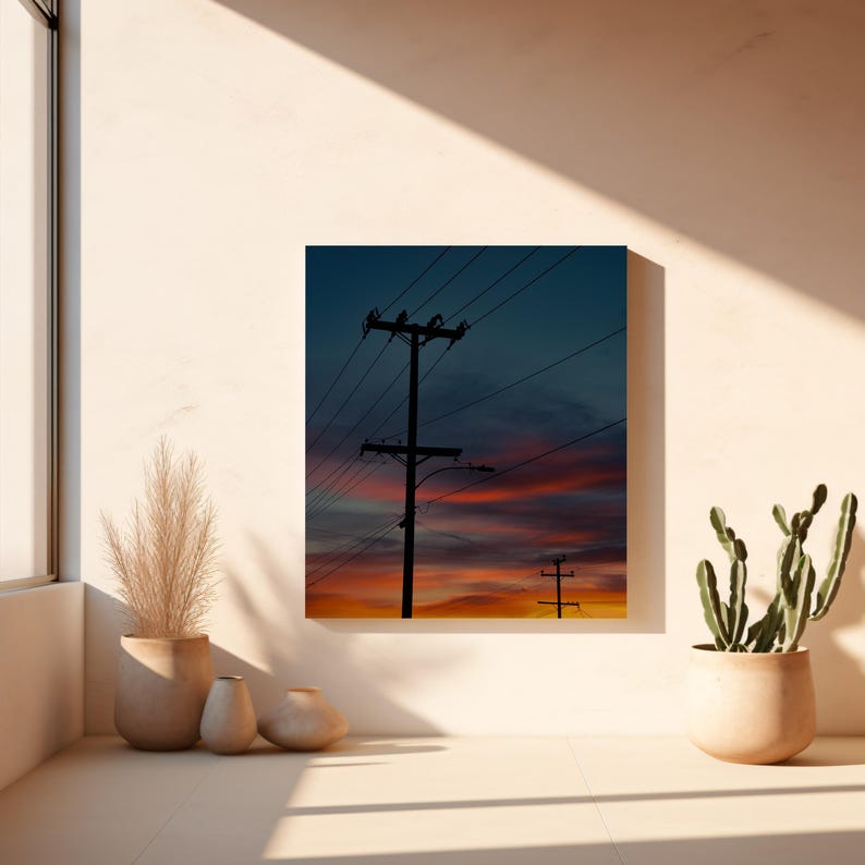 Sunset Behind Black Utility Poles Digital Print, Photography, Digital ...