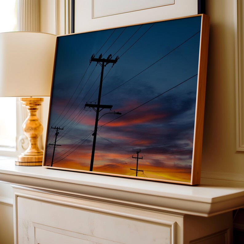 Sunset Behind Black Utility Poles Digital Print, Photography, Digital ...