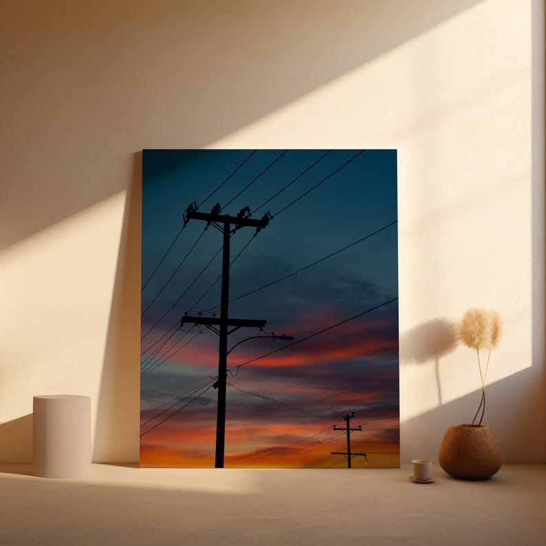 Sunset Behind Black Utility Poles Digital Print, Photography, Digital ...