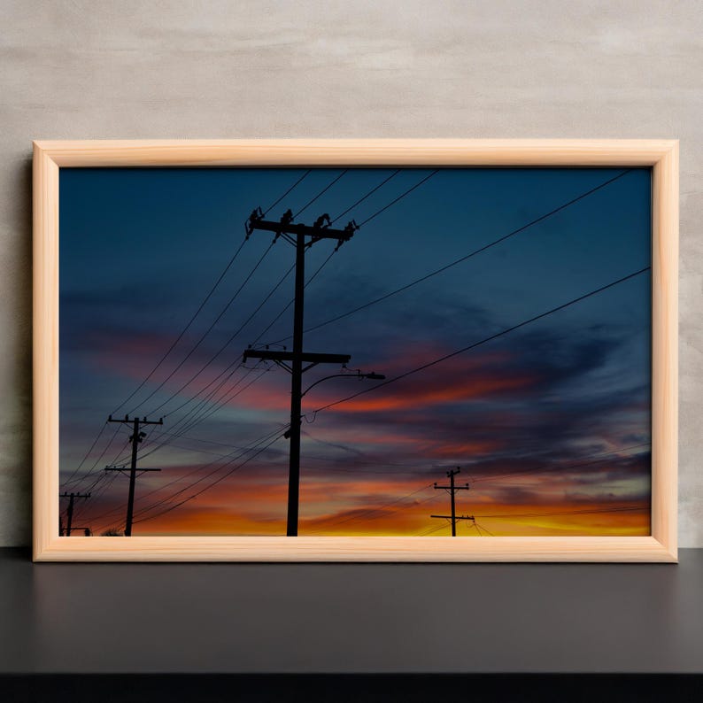 Sunset Behind Black Utility Poles Digital Print, Photography, Digital ...