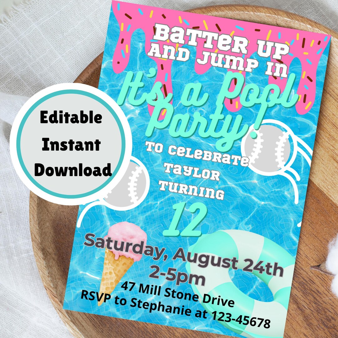 Editable Baseball Drip Pool Party Invitation | Softball Drip Birthday ...