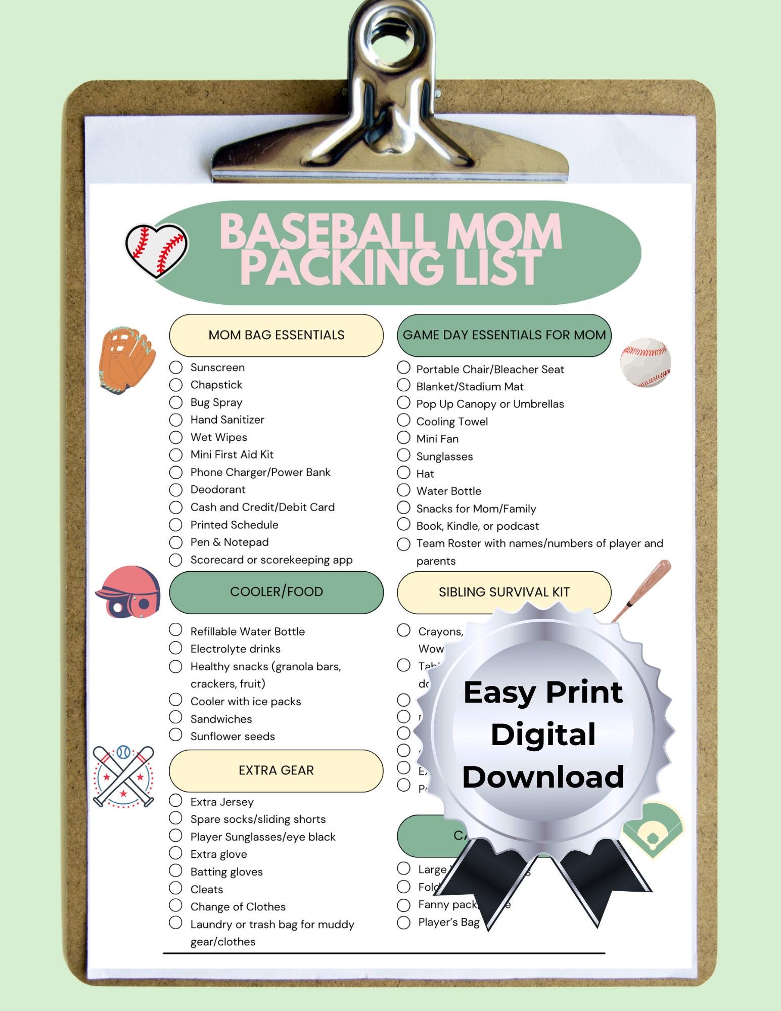 Baseball Packing List Game Day Sport Mom Printable Checklist for Youth ...