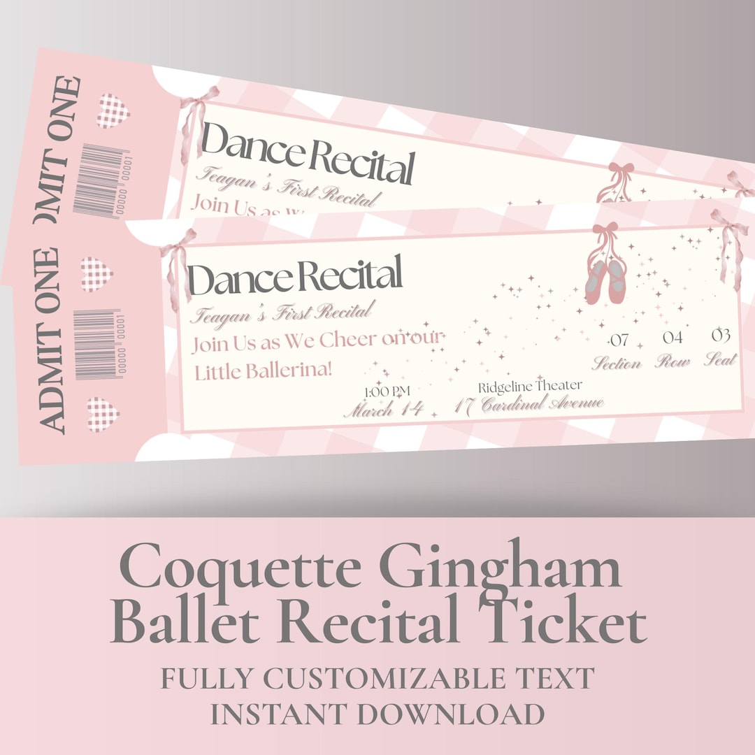 Dance Recital Ticket Printable Coquette Ballet Keepsake Gingham Pink ...