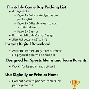 Baseball Packing List Game Day Sport Mom Printable Checklist for Youth ...