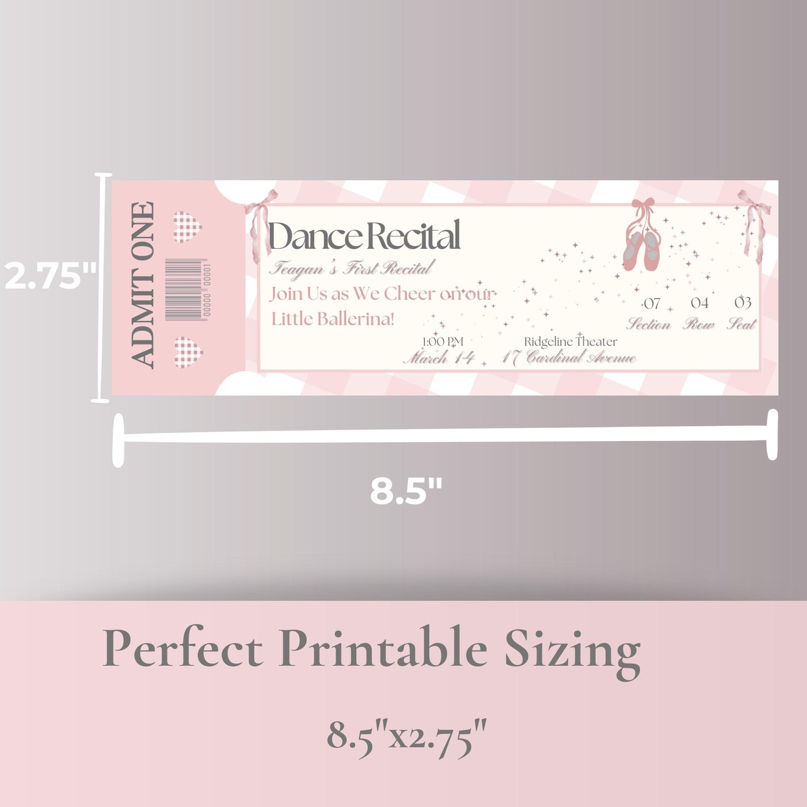 Dance Recital Ticket Printable Coquette Ballet Keepsake Gingham Pink ...
