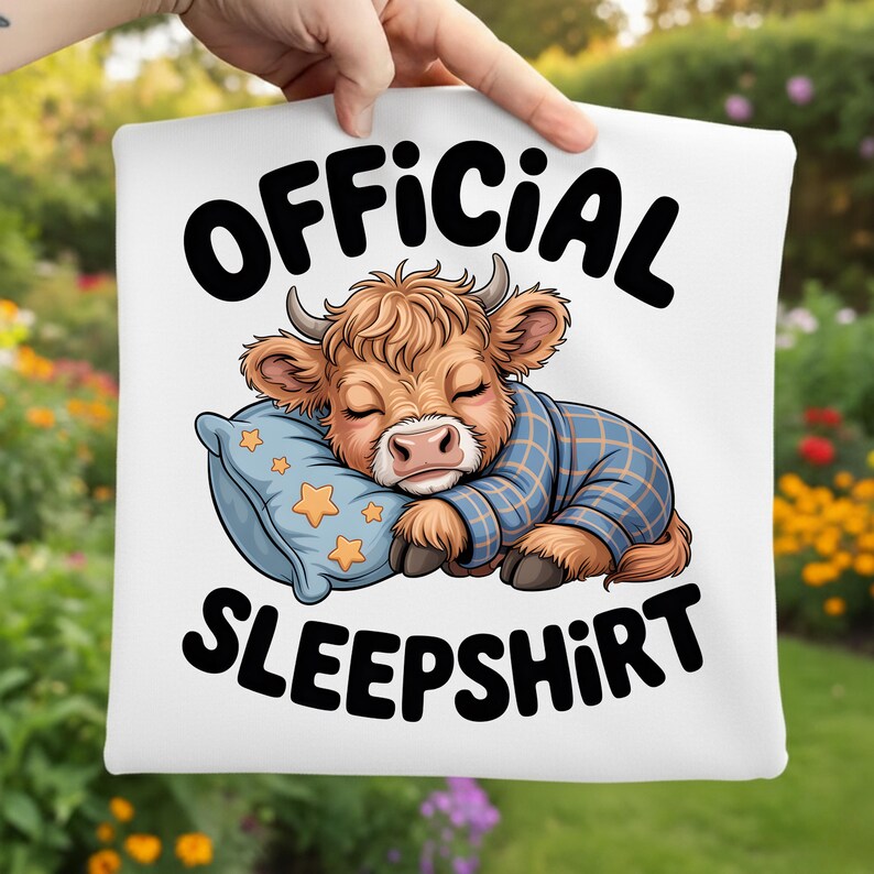 Official Sleepshirt Highland Cow PNG, Sleeping Cow in Pajamas Clipart ...