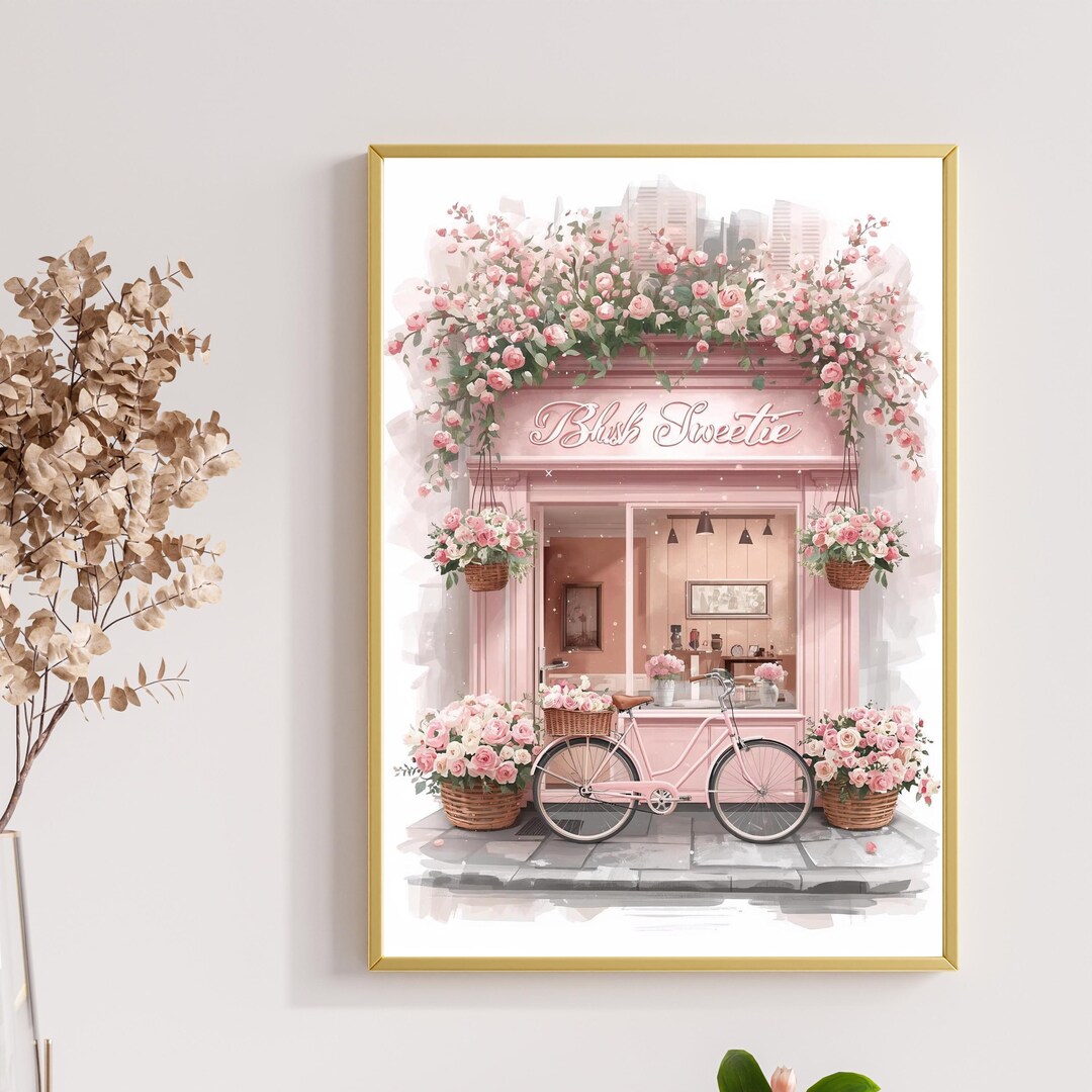 Parisian Flower Shop Print: Pink Bicycle, Café Scene (digital Download ...