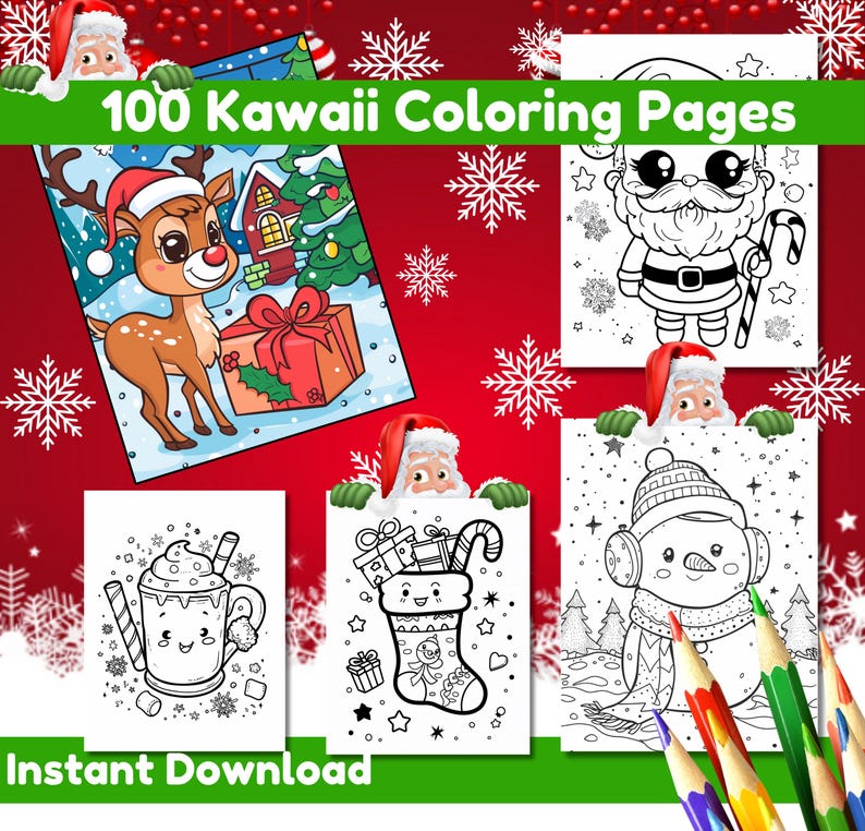 100 Kawaii Christmas Coloring Pages for Toddlers and Kids Xmas Santa ...