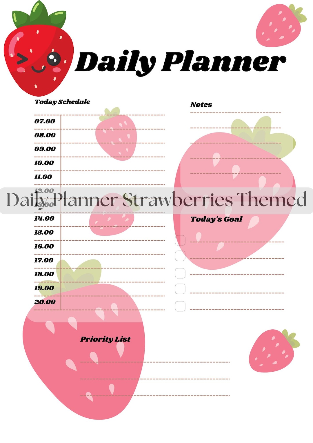 Daily Planner Digital Printable Strawberries Themed Undated Template ...