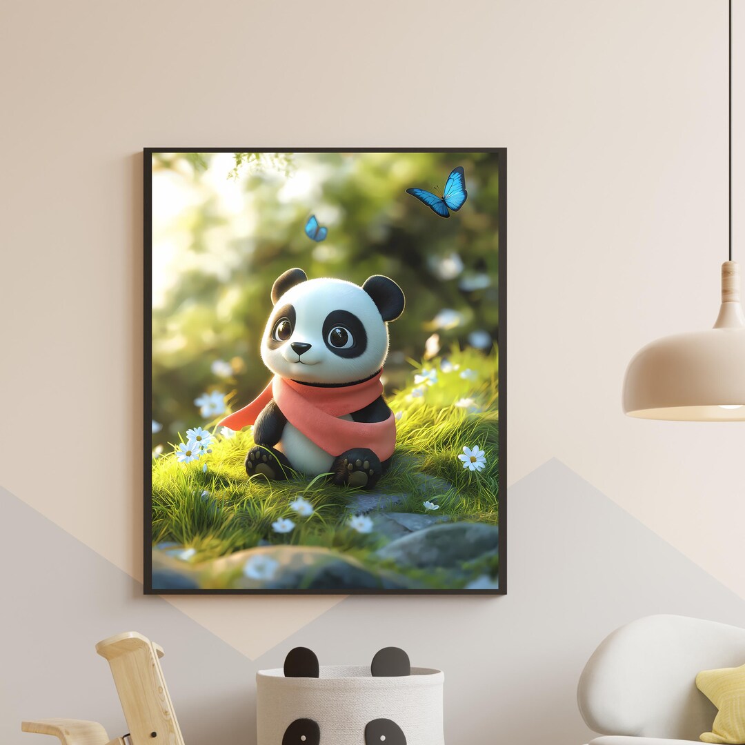 Kawaii 3D Panda Wall Art | Light Coral Scarf & Blue Butterflies | Cute ...