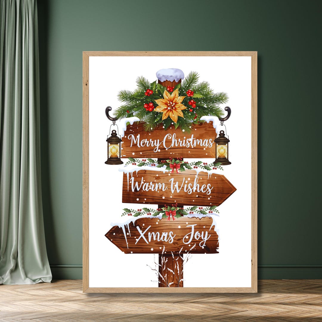 Rustic Merry Christmas Sign Digital Wall Art Warm Wishes & Xmas Joy ...