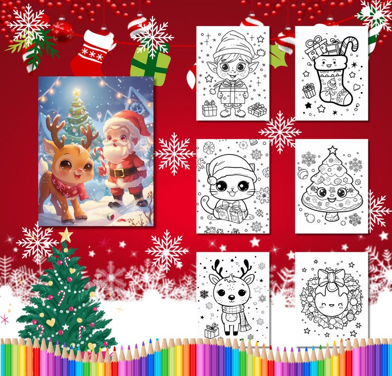 100 Kawaii Christmas Coloring Pages for Toddlers and Kids Xmas Santa ...