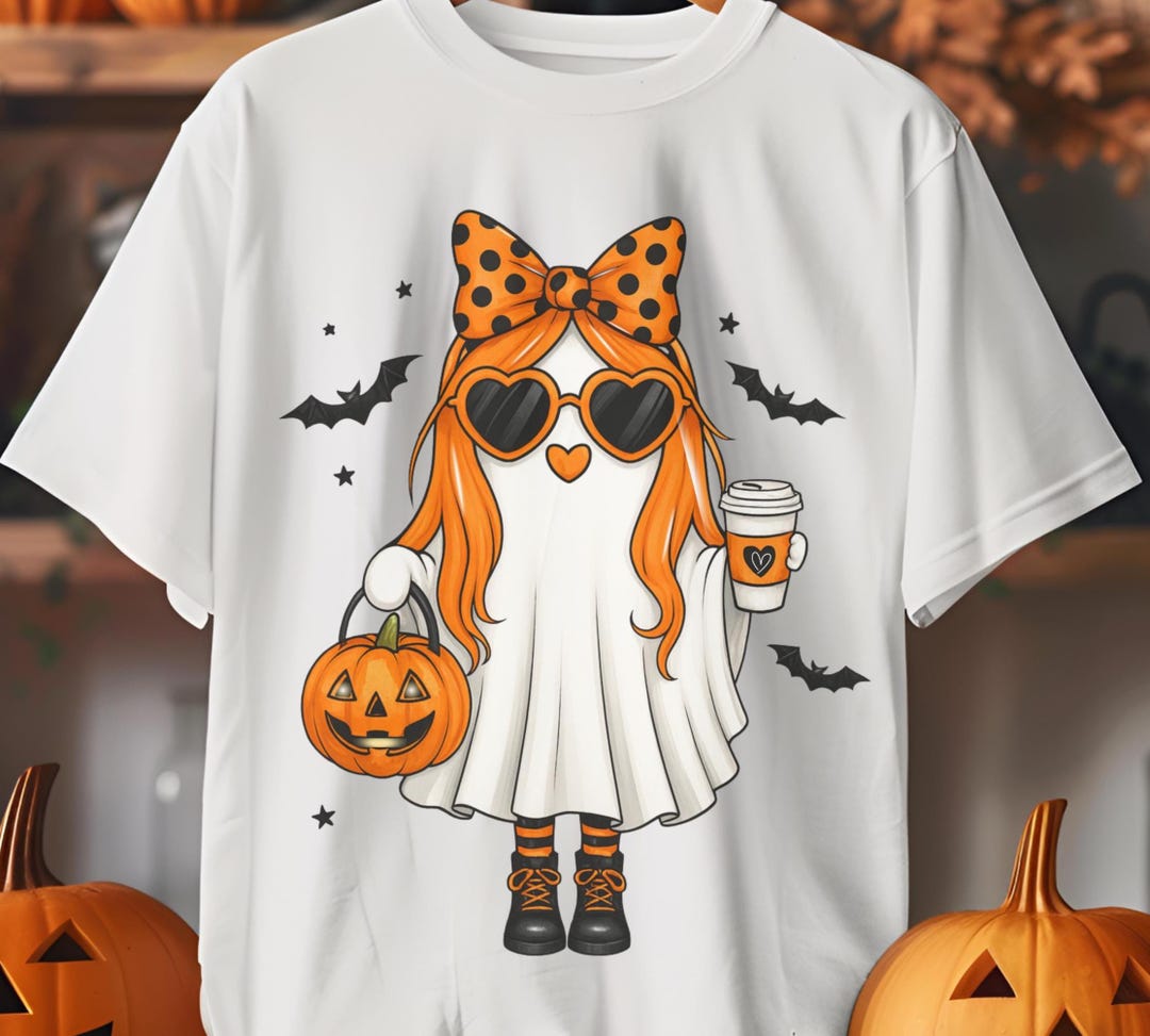 Sassy Ghost Clipart PNG: Halloween Pumpkin, Coffee, and Bow (digital ...