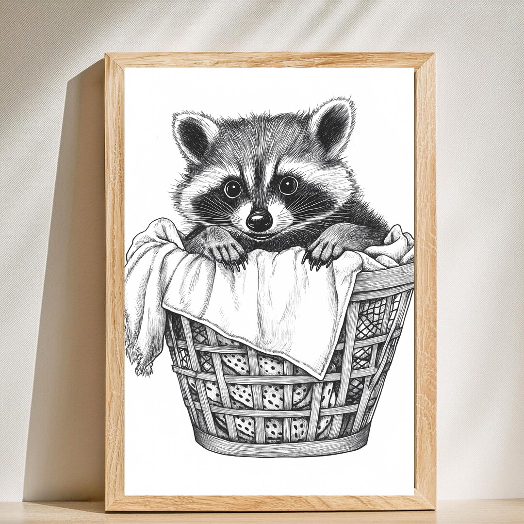 Mischievous Raccoon Laundry Art | Black & White Cartoon Sketch ...