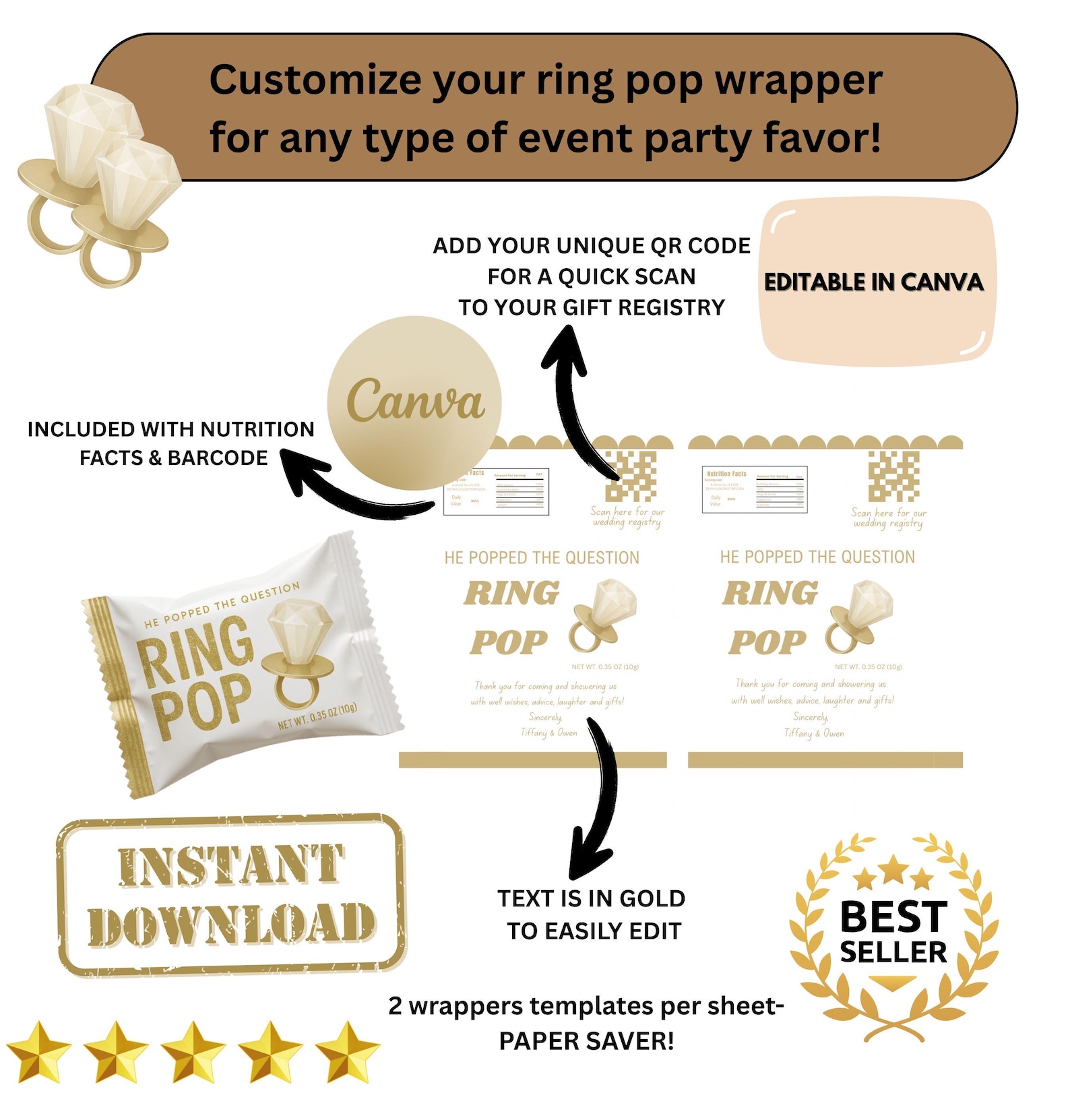 Blank Ring Pop Template, Canva Editable Ring Pop Wrapper Template ...