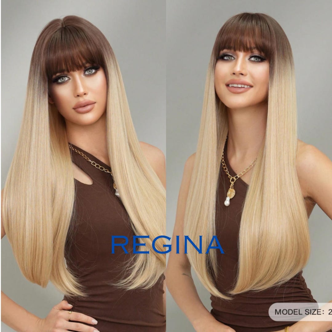 Ombre Blonde Extra Long Wig With Bangs 28 Natural-looking Straight Hair ...