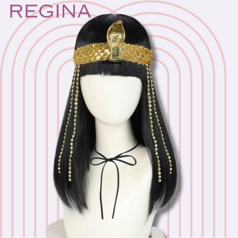 Egyptian Queen Wig: Black Straight Hair, Gold Snake Headpiece - Etsy