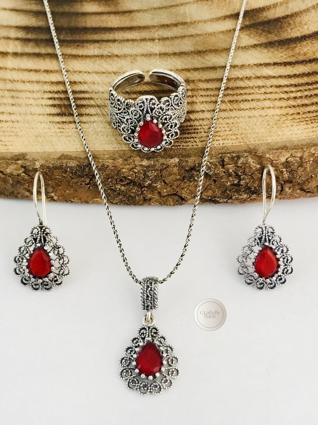 925 Sterling Silver Ruby Filigree Jewelry Set – Handmade Turkish ...