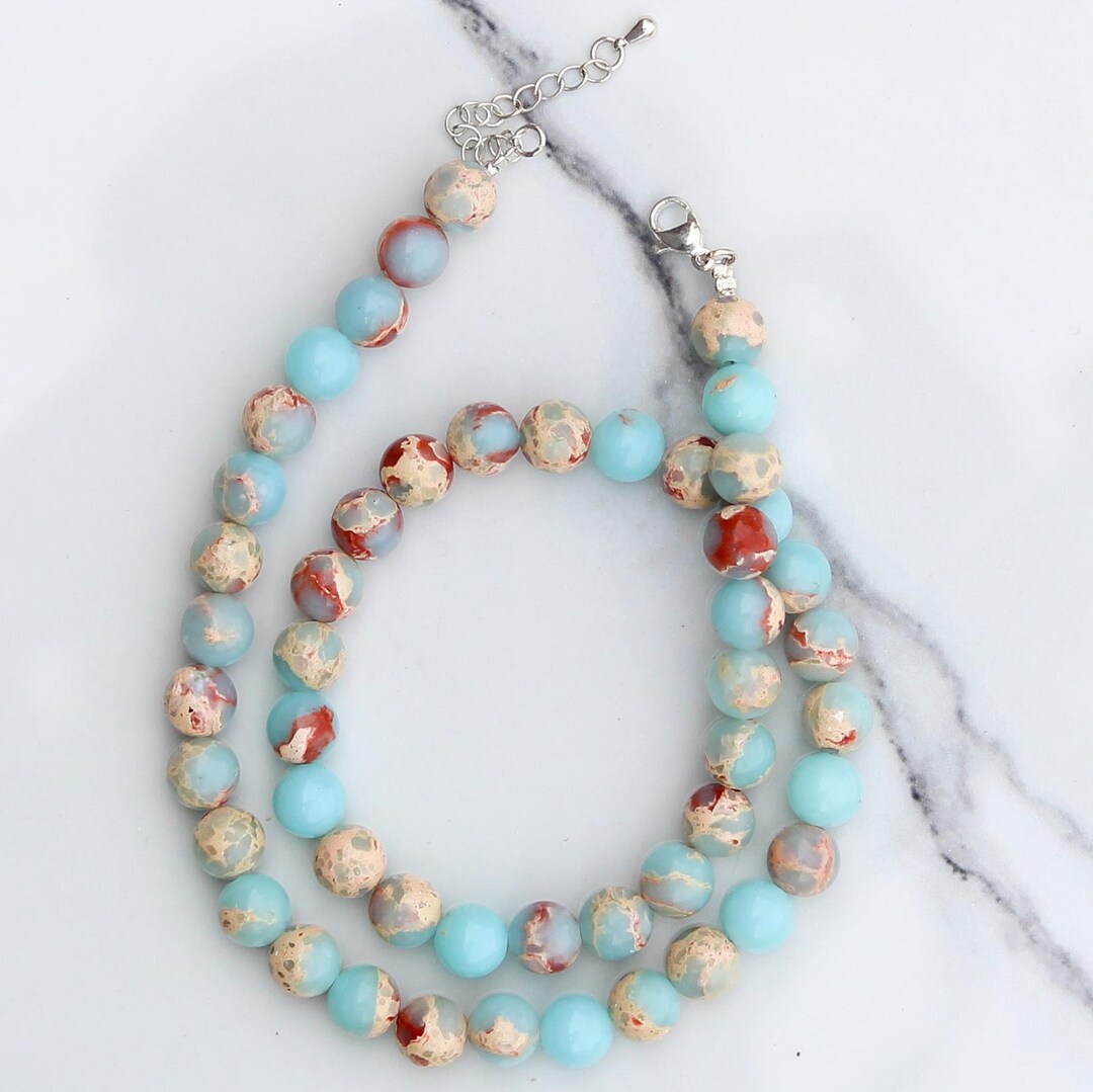 Genuine Aqua Terra Jasper Beads Necklace / Handcrafted Adjustable Mala ...