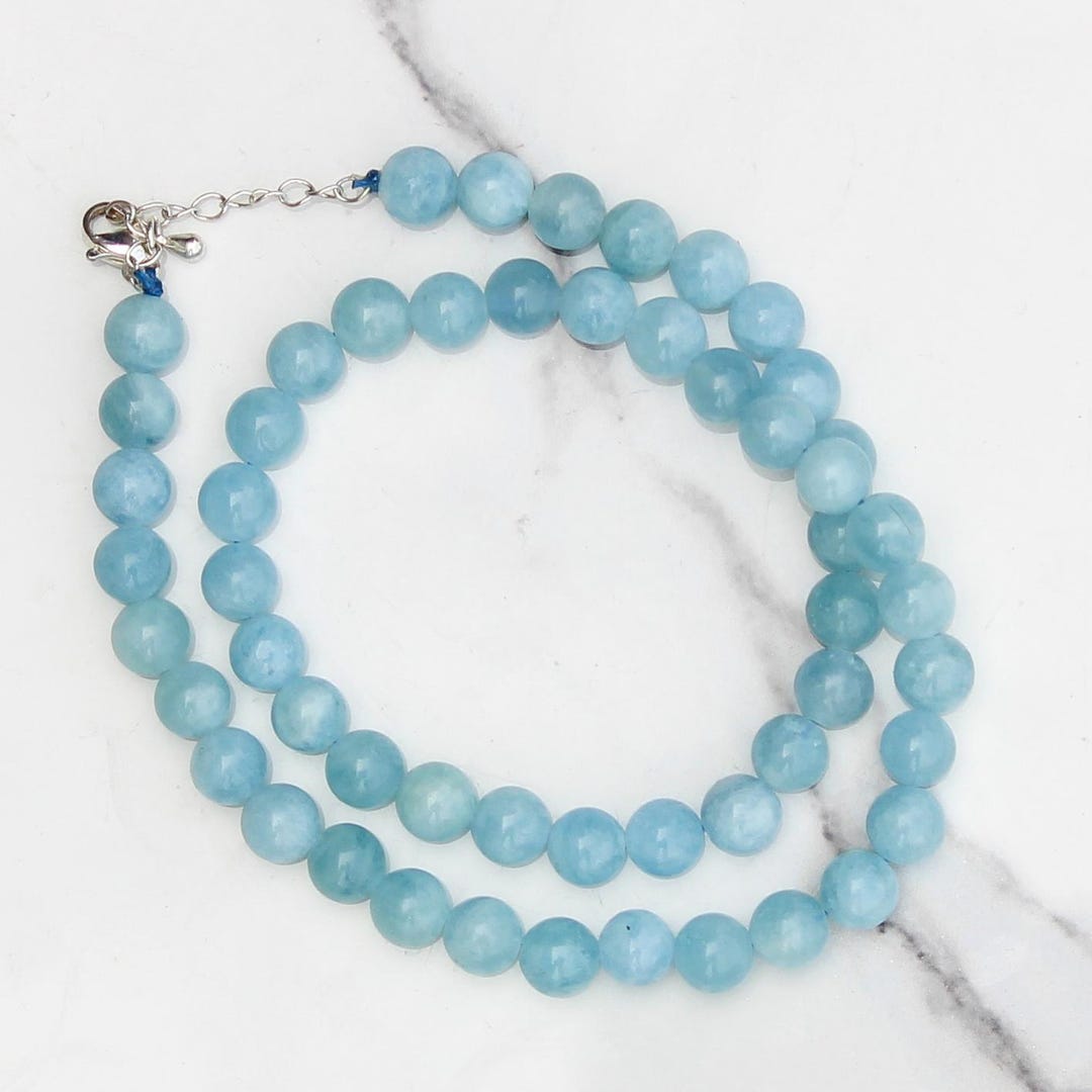 Genuine Aquamarine Beads Necklace / Handcrafted Adjustable Mala ...