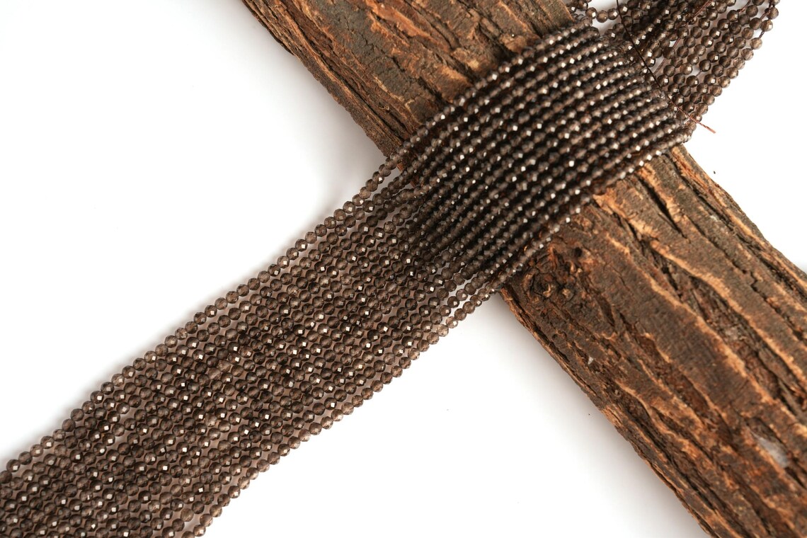 Natural Smoky Quartz Gemstone Round Micro Faceted Beads String 15.5 ...