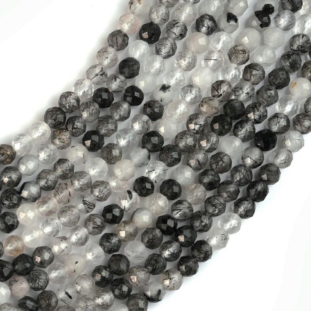 Natural Black Rutile Quartz Gemstone Round Micro Faceted Beads String ...
