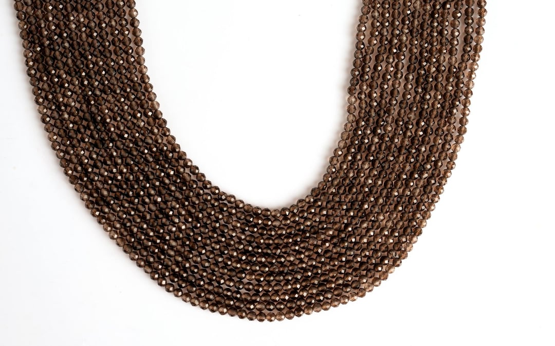 Natural Smoky Quartz Gemstone Round Micro Faceted Beads String 15.5 ...