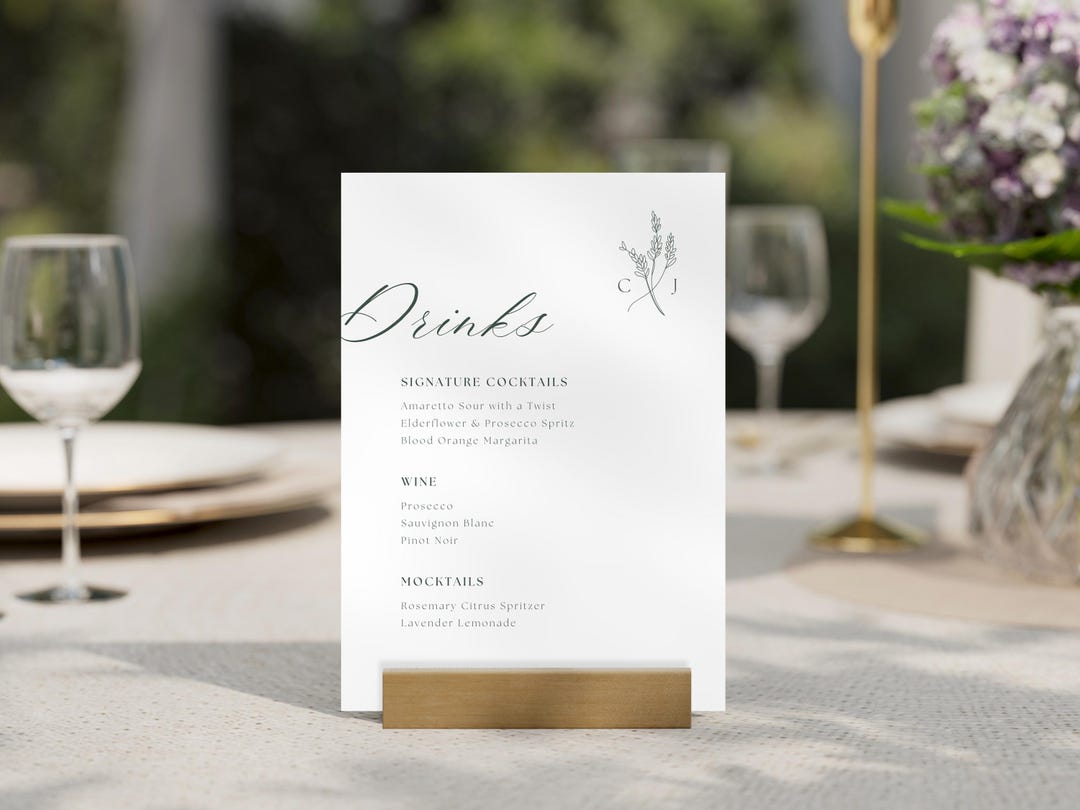 Custom Wedding Drink Menu Template Editable Menu Card Minimalist ...