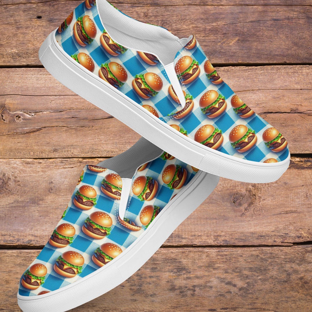 Blue Cheeseburger Slip on Shoes for Men, Grill Master Canvas Sneakers ...