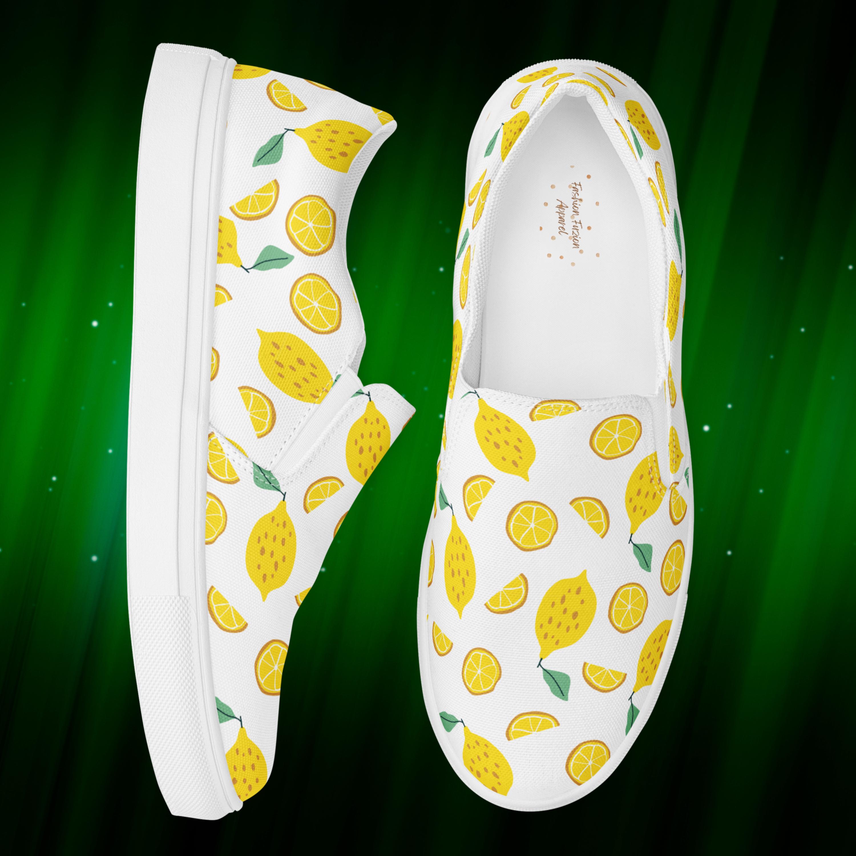 Lemon Print Slip on Shoes for Women | Bright Fruit Pattern Canvas ...