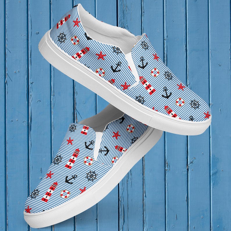Maritime Slip on Canvas Shoe - Nautical Print Theme Womens Sneakers for ...