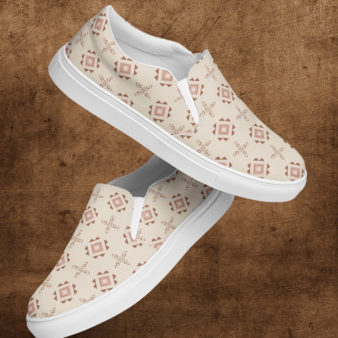 Boho Geometric Slip on Shoes for Women – Beige Flats With Retro Diamond ...