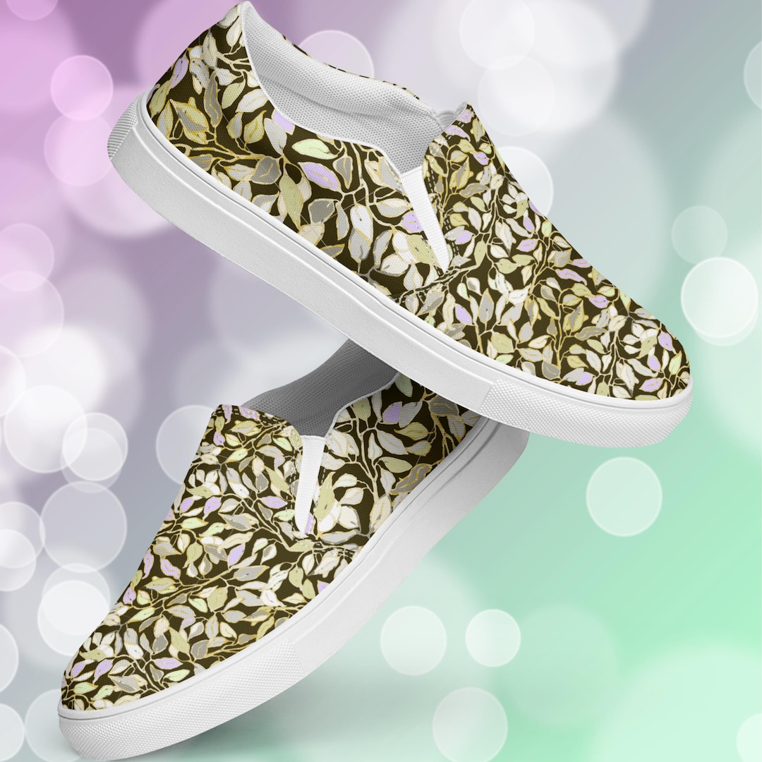 Black Slip-ons With Leaves - Leafy Pattern Canvas Shoes - Pastel ...