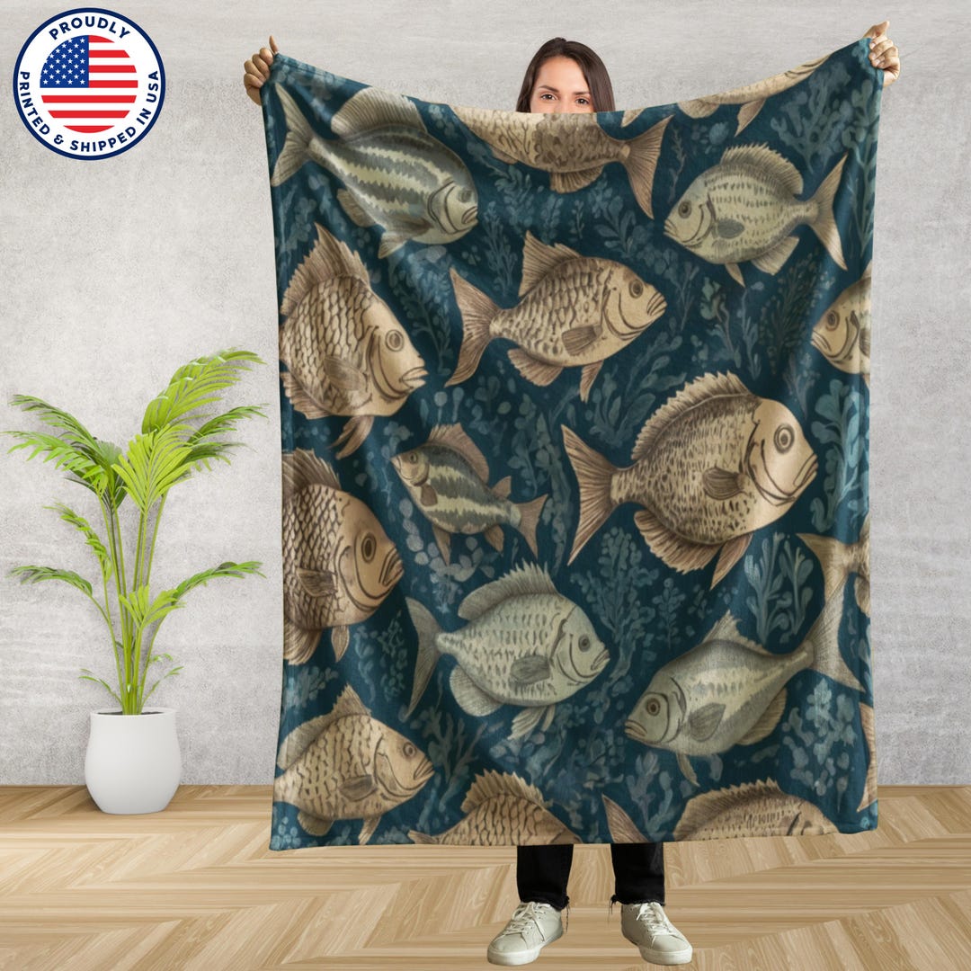 Vintage Fishing Seamless Blanket , Cabin Lodge Blanket, Mackerel Tuna ...