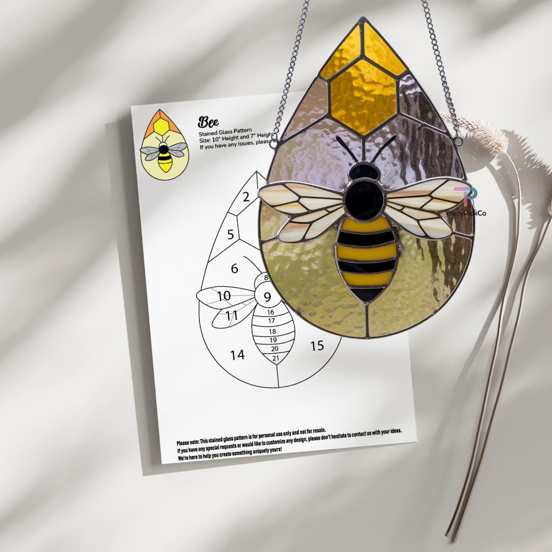 Bee Teardrop Stained Glass Pattern Teardrop Honeycomb Window Hanging ...