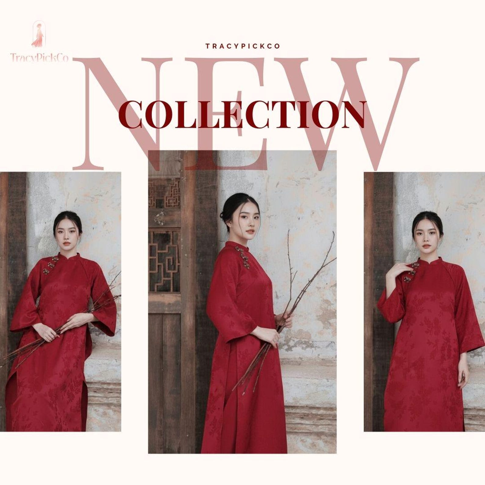 Traditional Ao Dai Women Modern Tet Dress Red Chau Sa Brocade Charms ...
