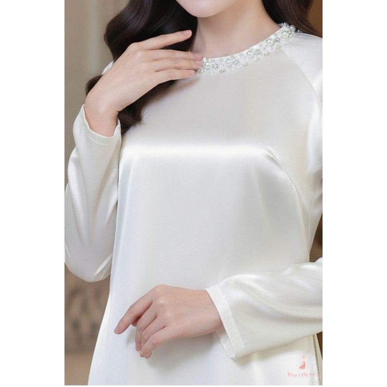 Ao Dai Women Modern Tet Dress Beige Silk Loose Fit Pearl Neckline Hand ...