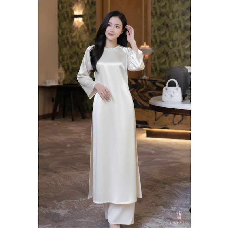 Ao Dai Women Modern Tet Dress Beige Silk Loose Fit Pearl Neckline Hand ...