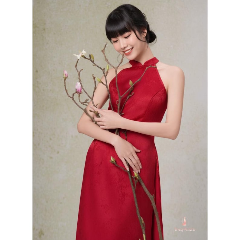 Modern Halter Ao Dai Brocade Vietnamese Dress Red Cream Elegant ...