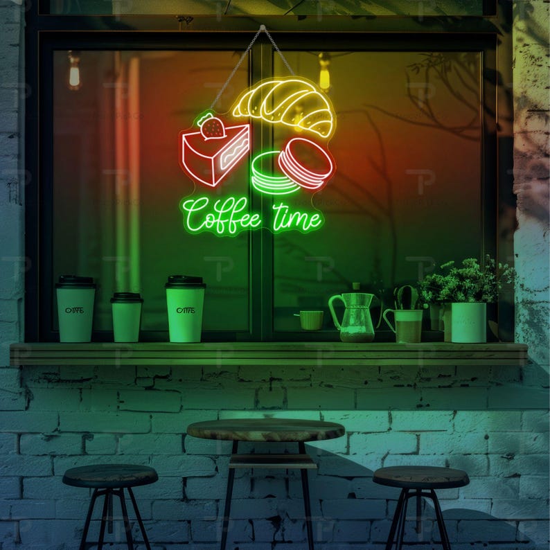 Coffee Time Neon Sign With Pastry Icons – LED Wall Decor for Bakery ...