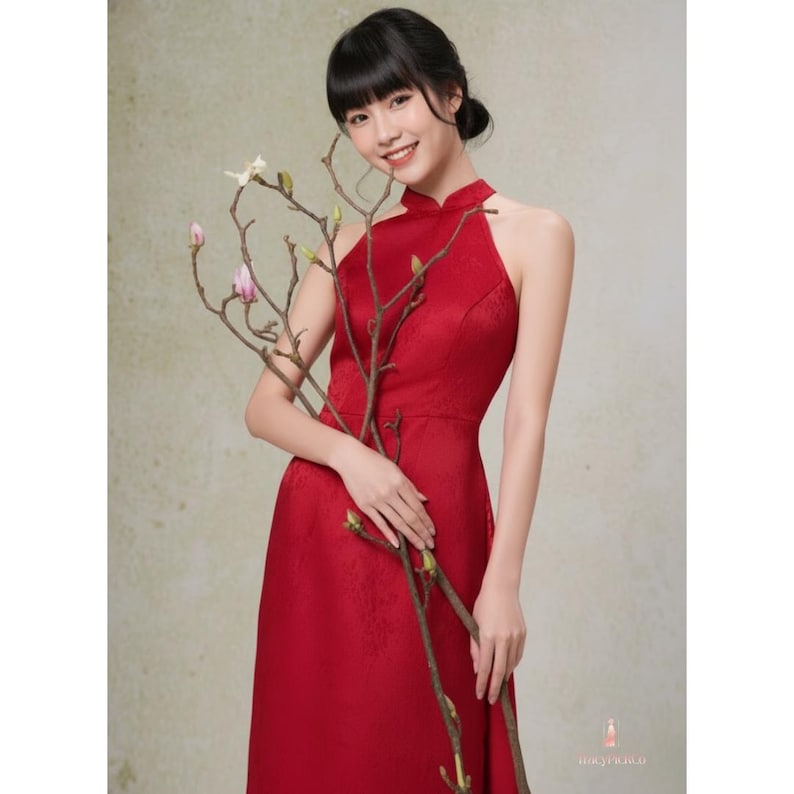 Modern Halter Ao Dai Brocade Vietnamese Dress Red Cream Elegant ...