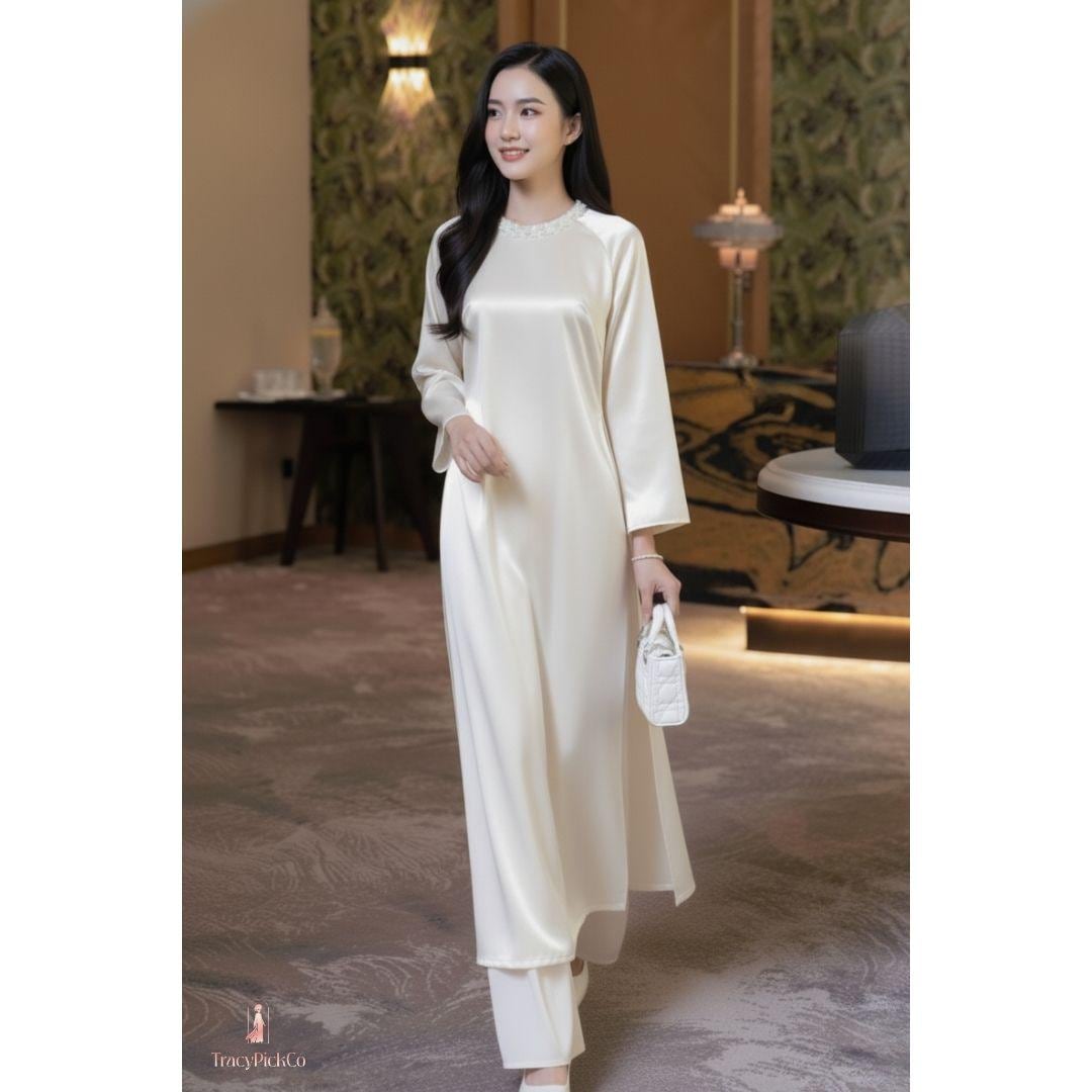 Ao Dai Women Modern Tet Dress Beige Silk Loose Fit Pearl Neckline Hand ...