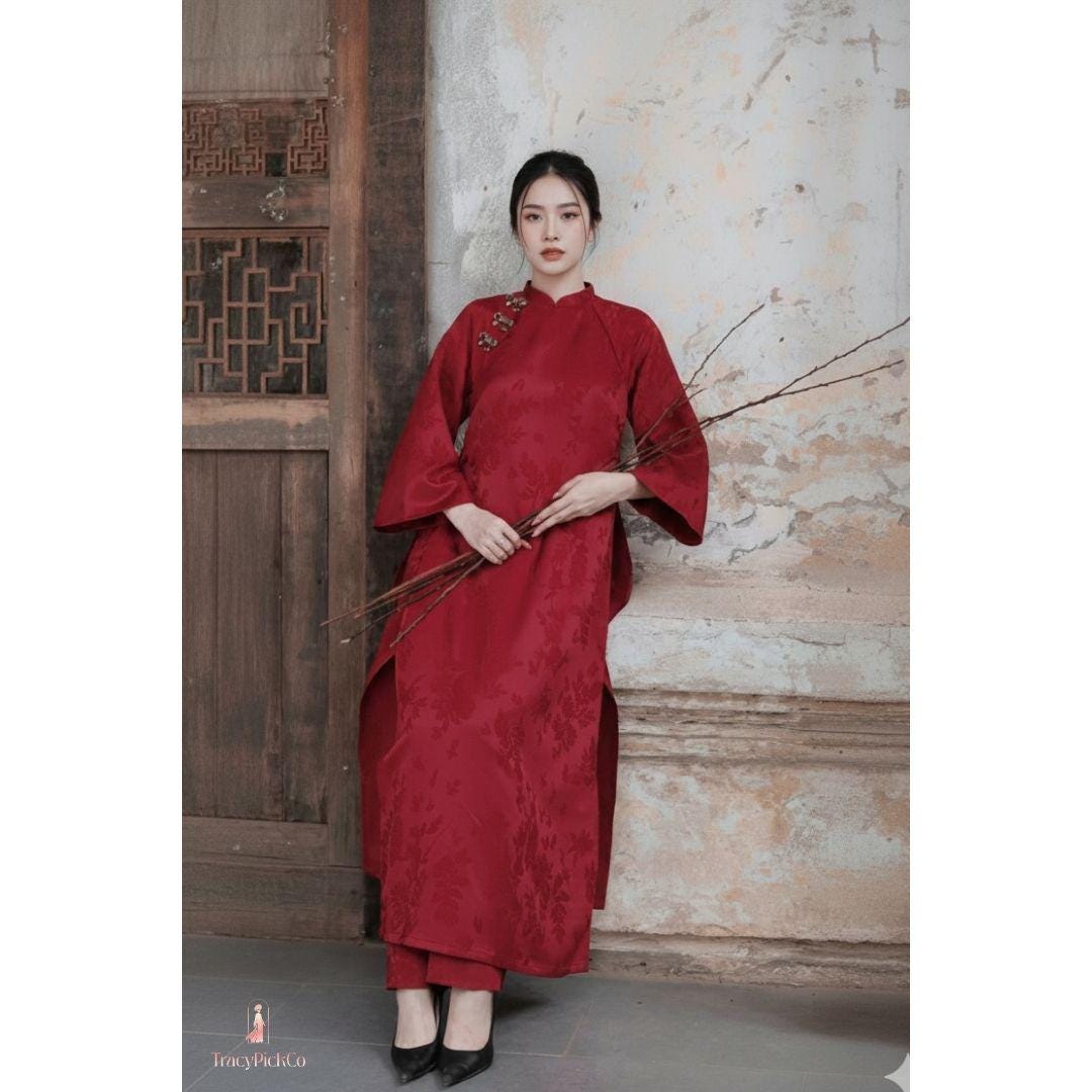 Traditional Ao Dai Women Modern Tet Dress Red Chau Sa Brocade Charms ...