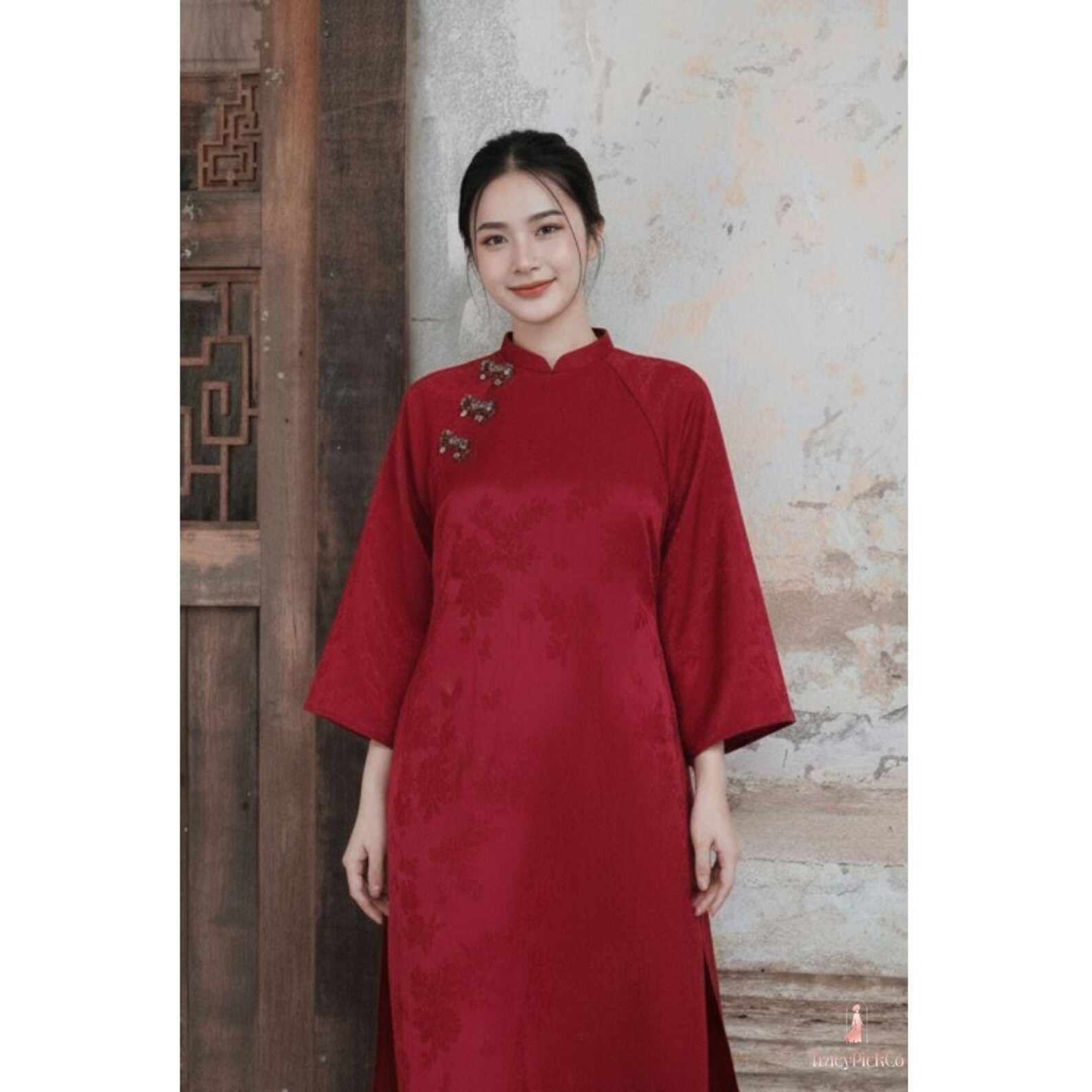 Traditional Ao Dai Women Modern Tet Dress Red Chau Sa Brocade Charms ...