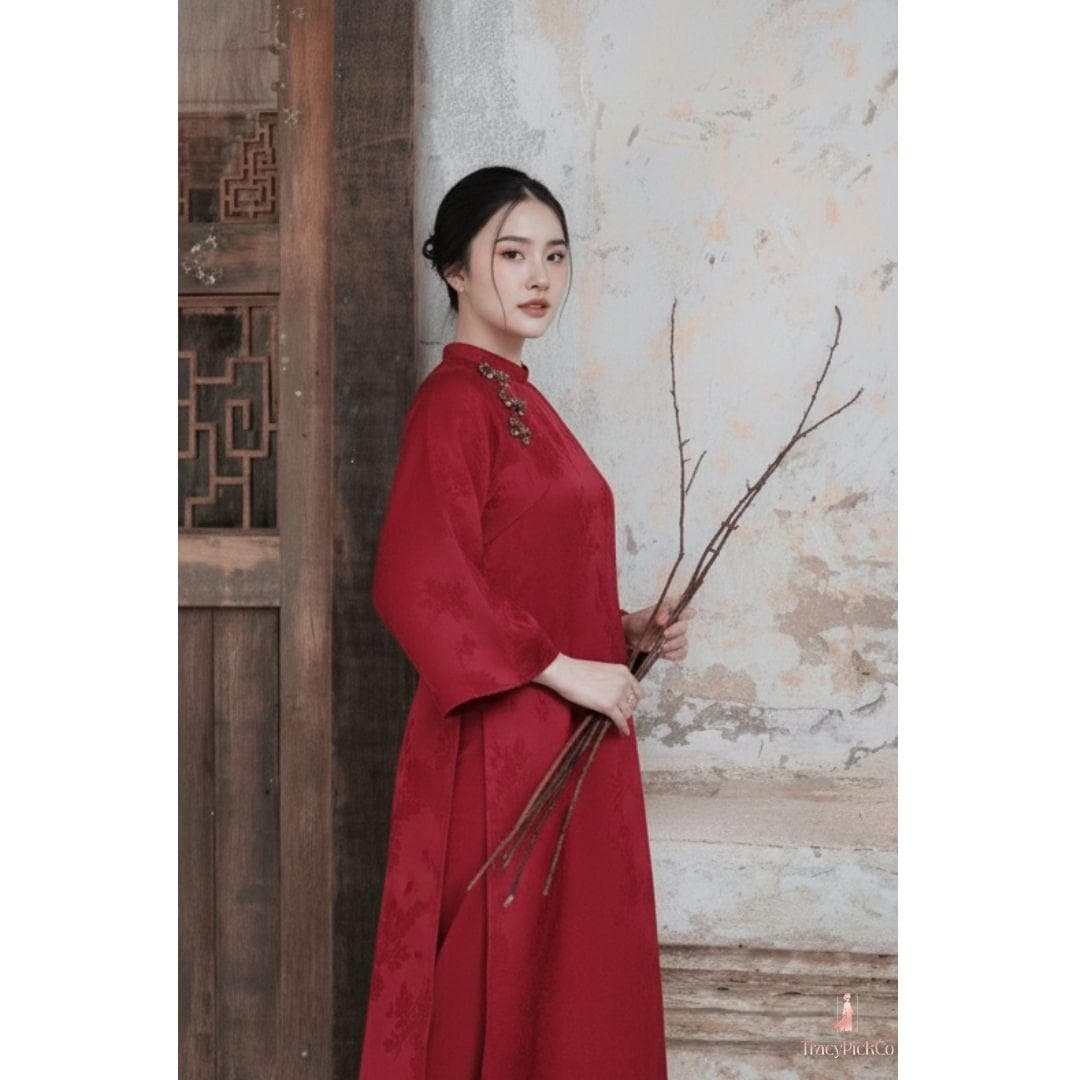 Traditional Ao Dai Women Modern Tet Dress Red Chau Sa Brocade Charms ...