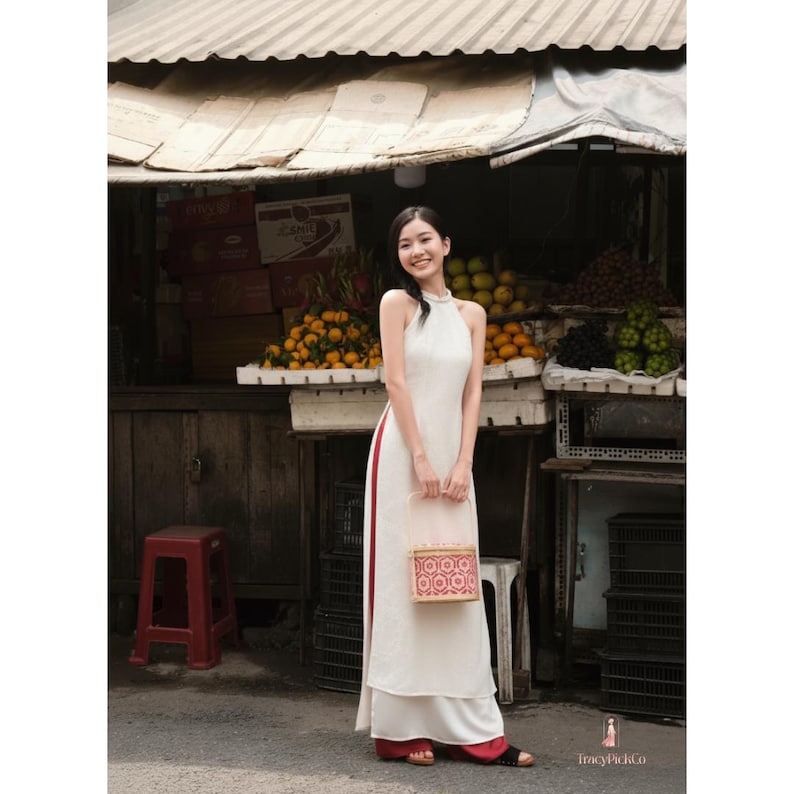 Modern Halter Ao Dai Brocade Vietnamese Dress Red Cream Elegant ...